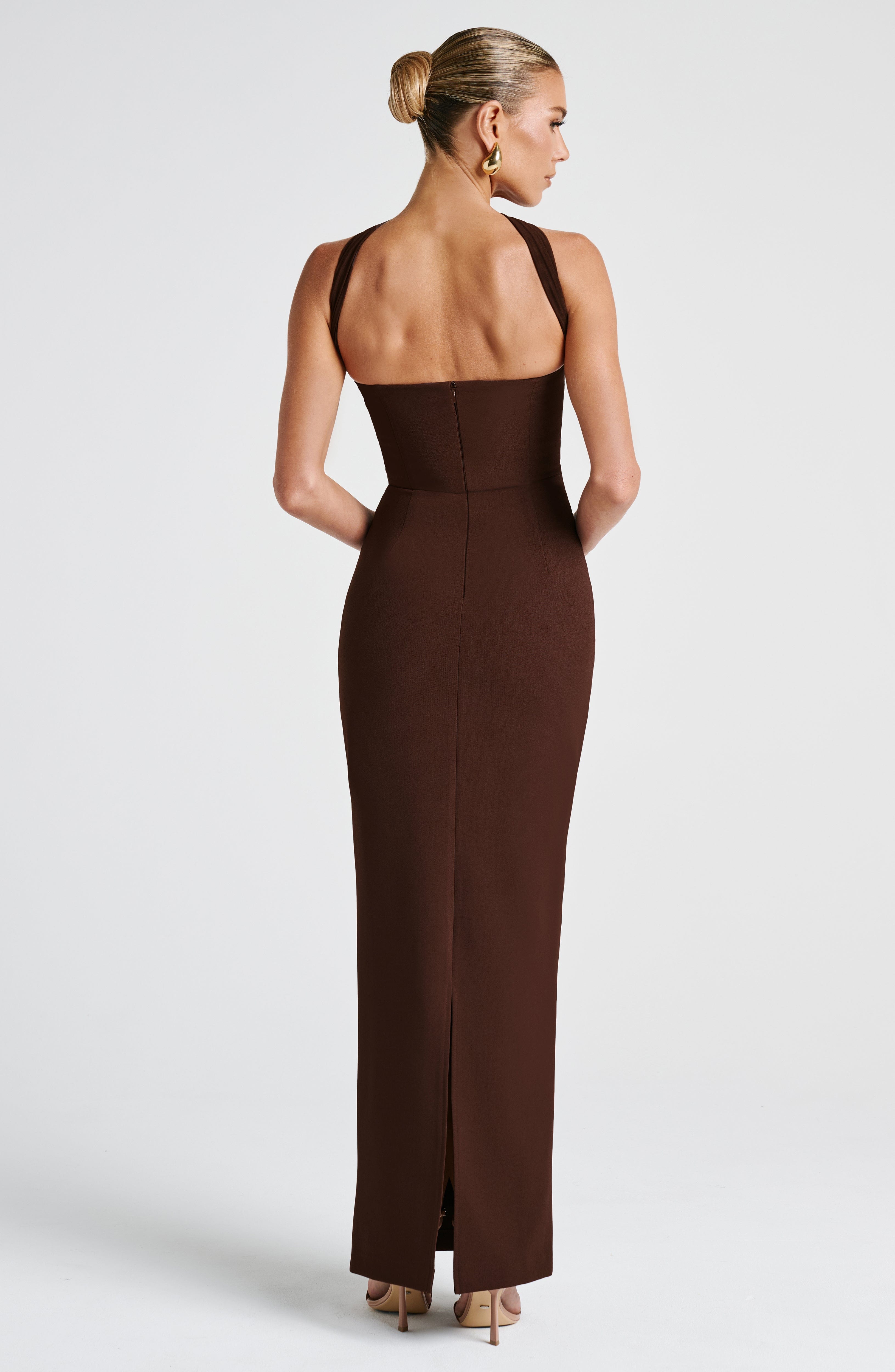 Yulia Maxi Dress Plum Brown | Strapless Pleated Gown | Babyboo Fashion
