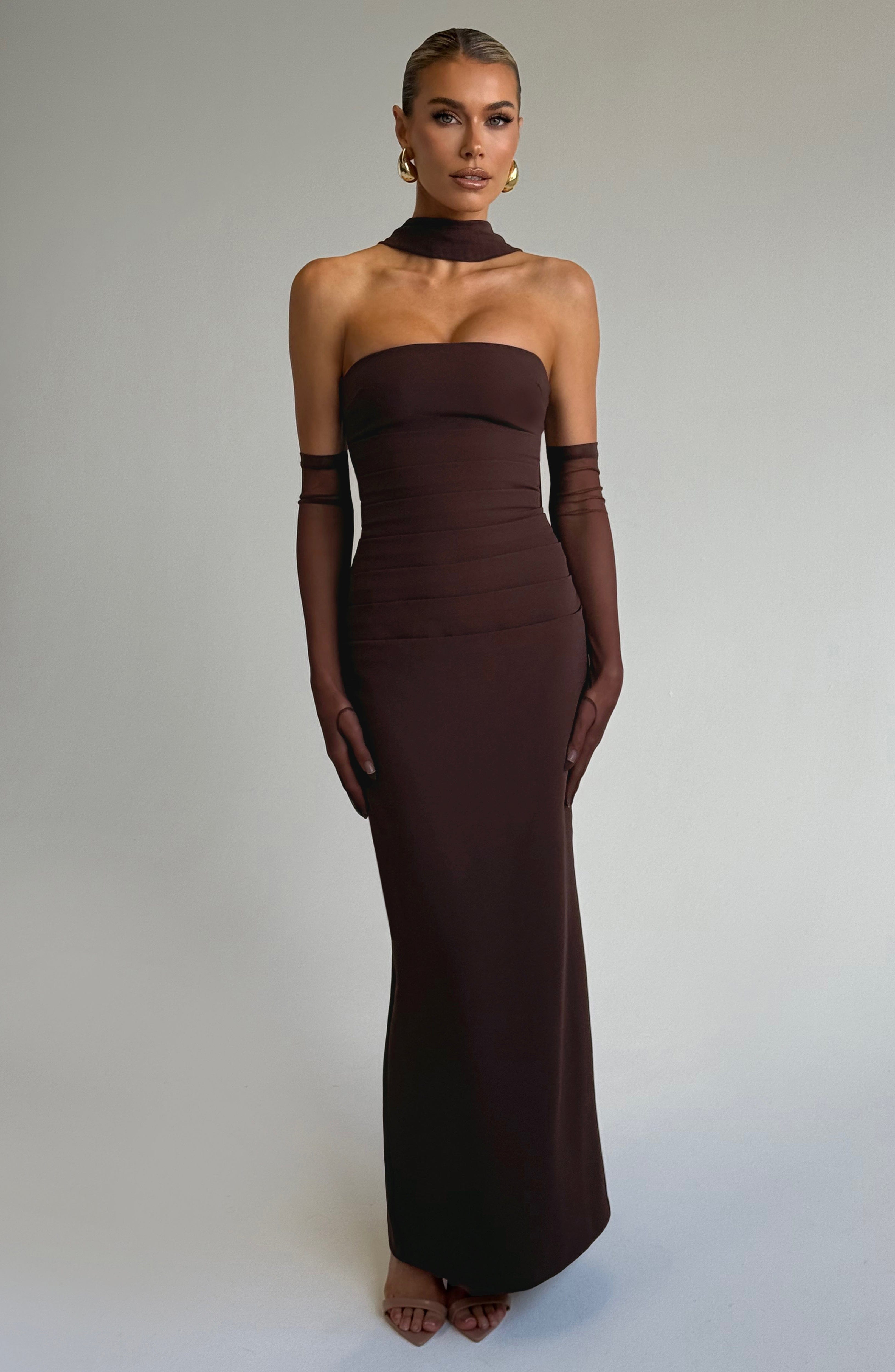 Yulia Maxi Dress Plum Brown | Strapless Pleated Gown | Babyboo Fashion